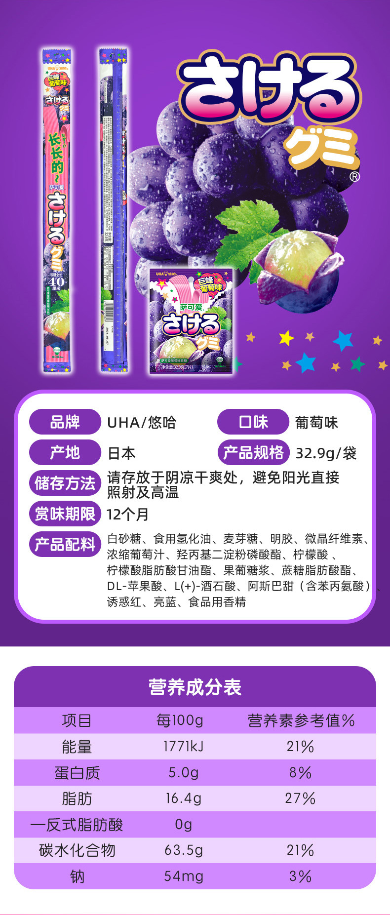 日本进口零食UHA悠哈萨可爱多口味水果果汁软糖QQ糖手撕糖果32g-阿里巴巴