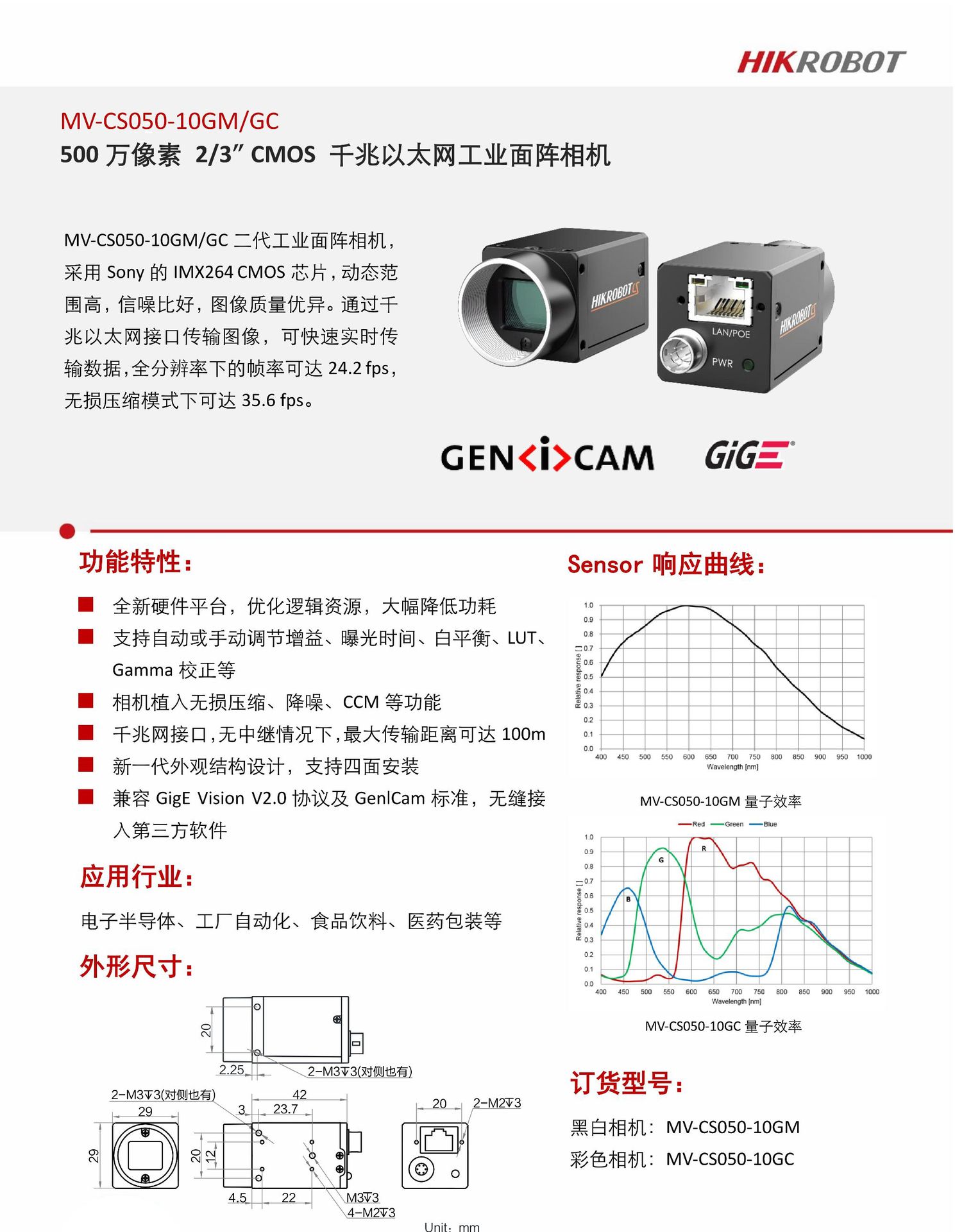 海康工业相机 MV-CS050-10GM/GC 500万黑白/彩色2/3" 千兆以太网-阿里巴巴