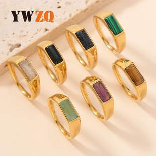 欧美跨境不锈钢戒指铸造长方形镶天然石戒指时尚简约轻奢情侣对戒-阿里巴巴