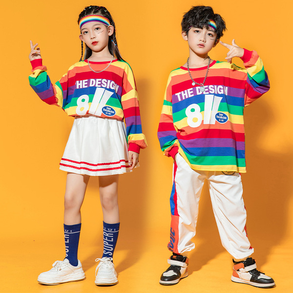 Children boys girls rainbow striped hiphop street dance outfits ...
