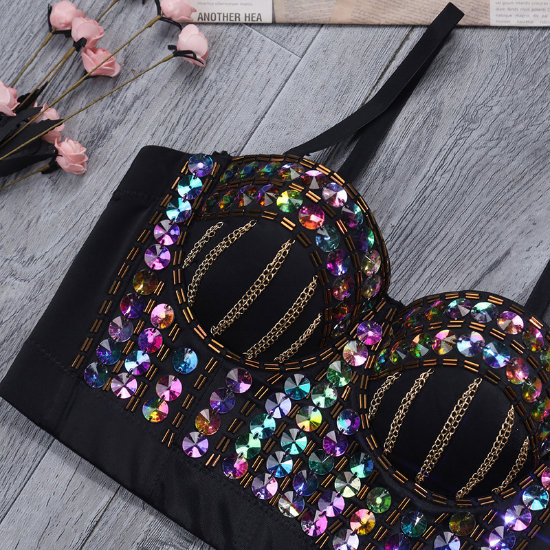rainbow gemstones bead sequins glitter singer jazz dance bra tops ...