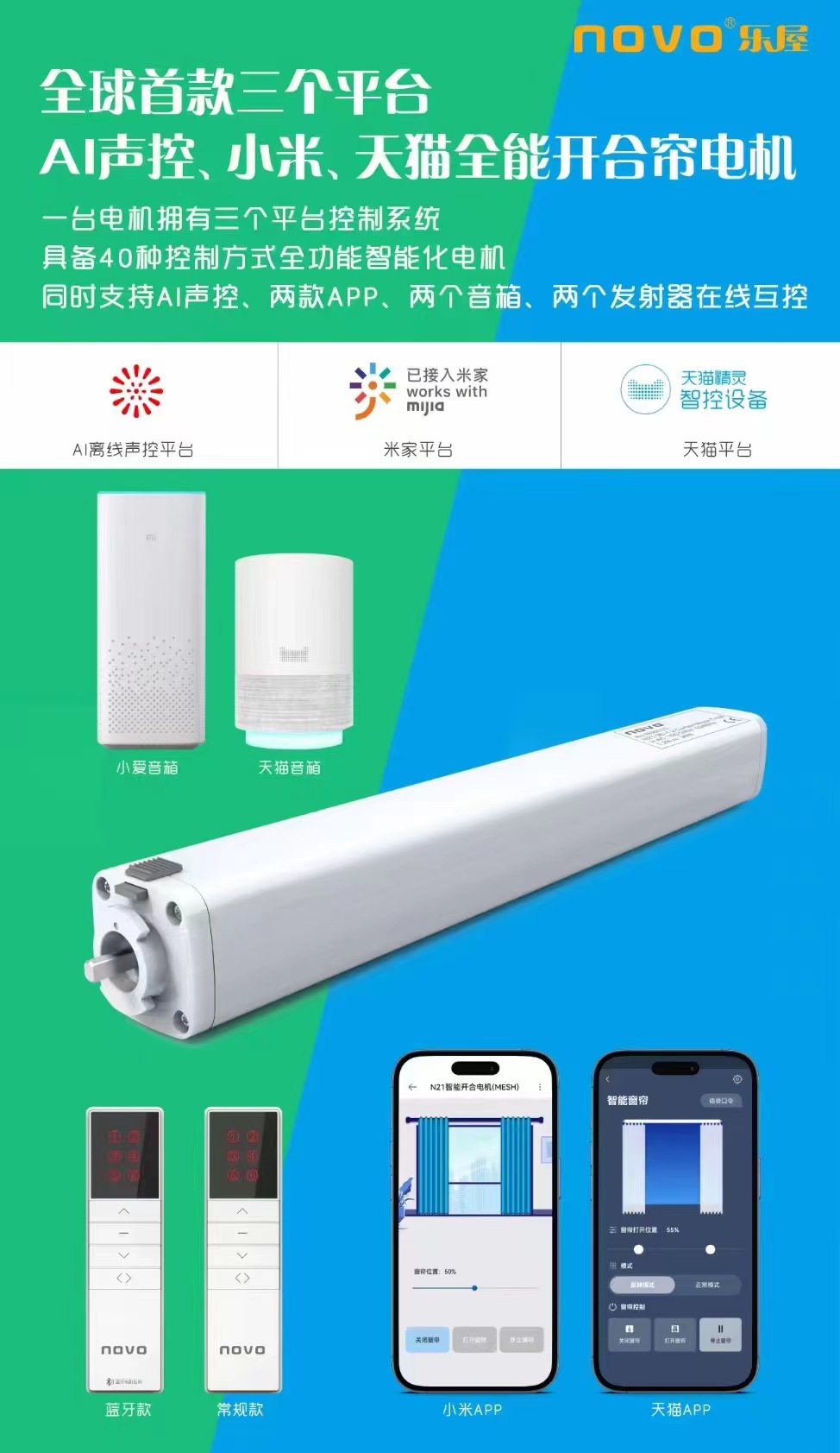 NOVO乐屋AI离线语音电机三平台智能电动窗帘开合帘N21天猫米家-阿里巴巴