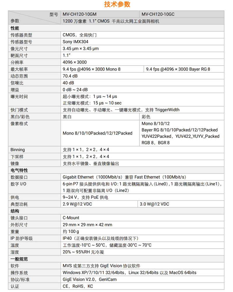 MV-CH120-10GM/GC 海康威视1.1英寸1200万像素网口工业相机-阿里巴巴