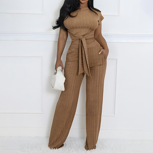 S6983欧美跨境2025夏季新款圆领套头休闲修身个性时尚裤子套装-阿里巴巴