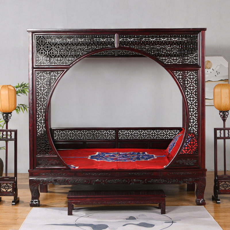 Solid wood shelf bed antique rosewood South Elm wood carved Moon hole ...
