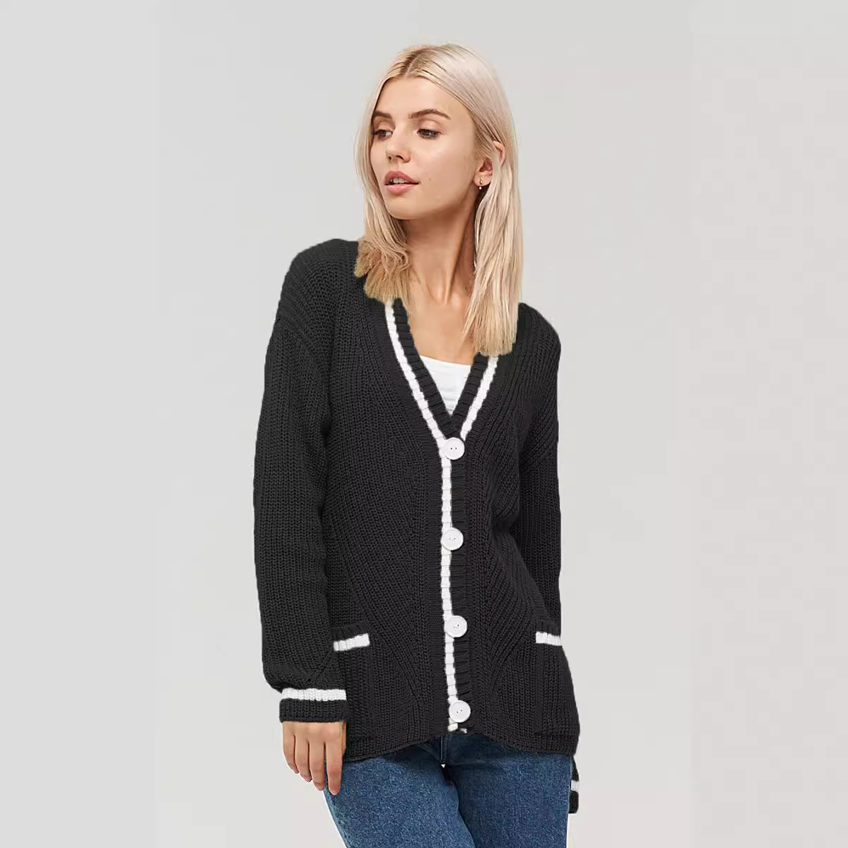 European and American Cross-border V-neck Pocket Color Matching Knitted ...