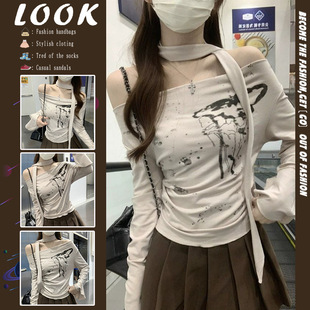 甜辣妹一字肩印花长袖T恤女早秋新款设计感短款修身小众上衣ins潮-阿里巴巴