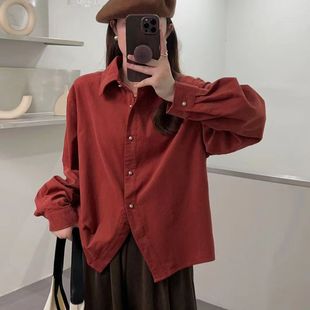 文艺复古风灯芯绒长袖衬衫女秋季新款日系宽松休闲叠穿上衣潮AY54-阿里巴巴