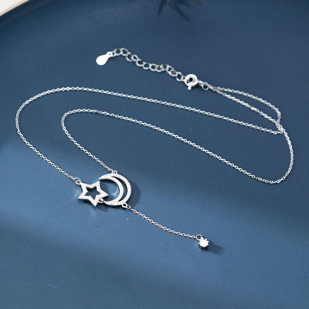 纳兰 S925银韩版星星月亮项链简约少女镶钻Y形森系毛衣链D7991-阿里巴巴