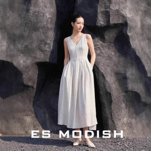ES MODISH 春季新品法式碎褶a字长裙甜美森系V领天丝亚麻连衣裙女-阿里巴巴