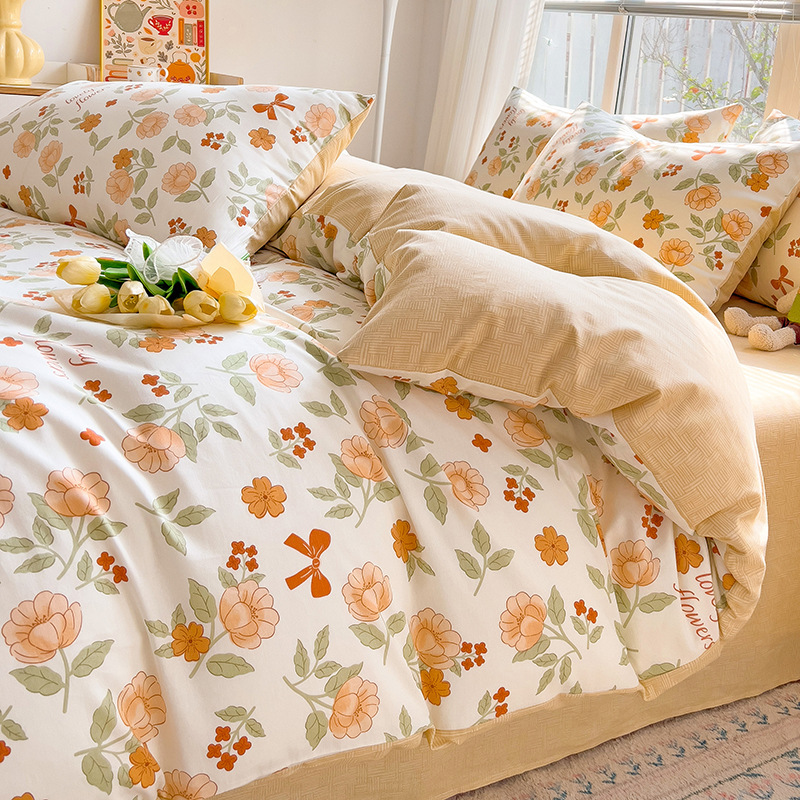 Ins Style Cotton Printed Four-piece Set Twill Cotton Flower Quilt Bed ...