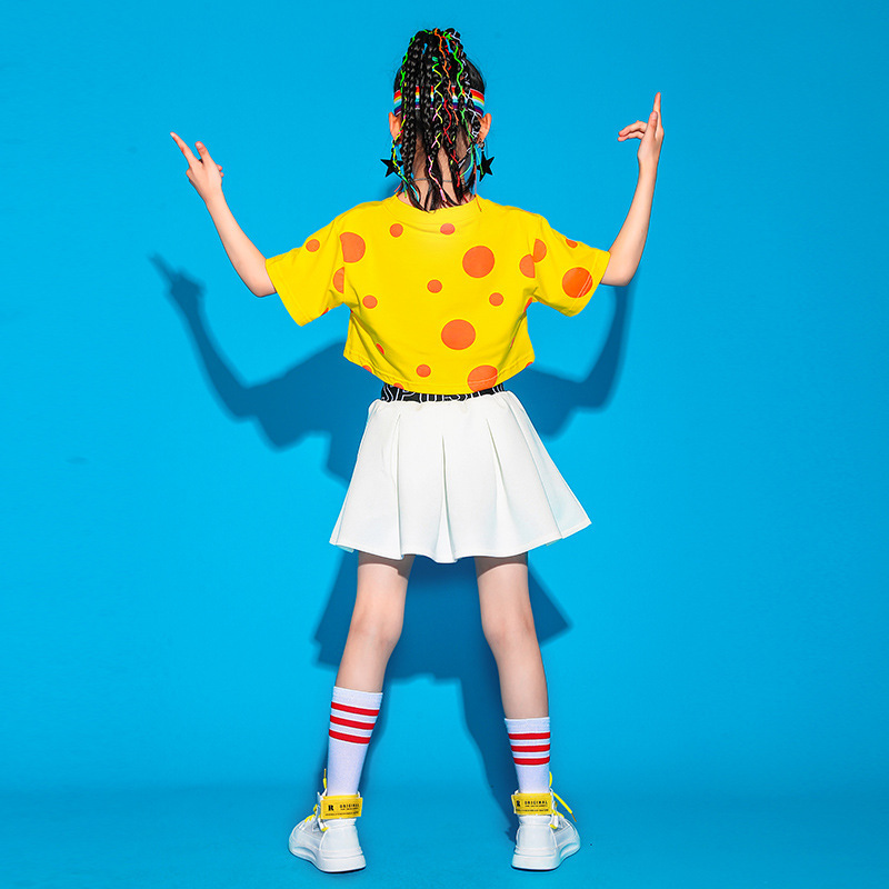 Children girls yellow polka dot hiphop rapper singer dance outfits hip ...