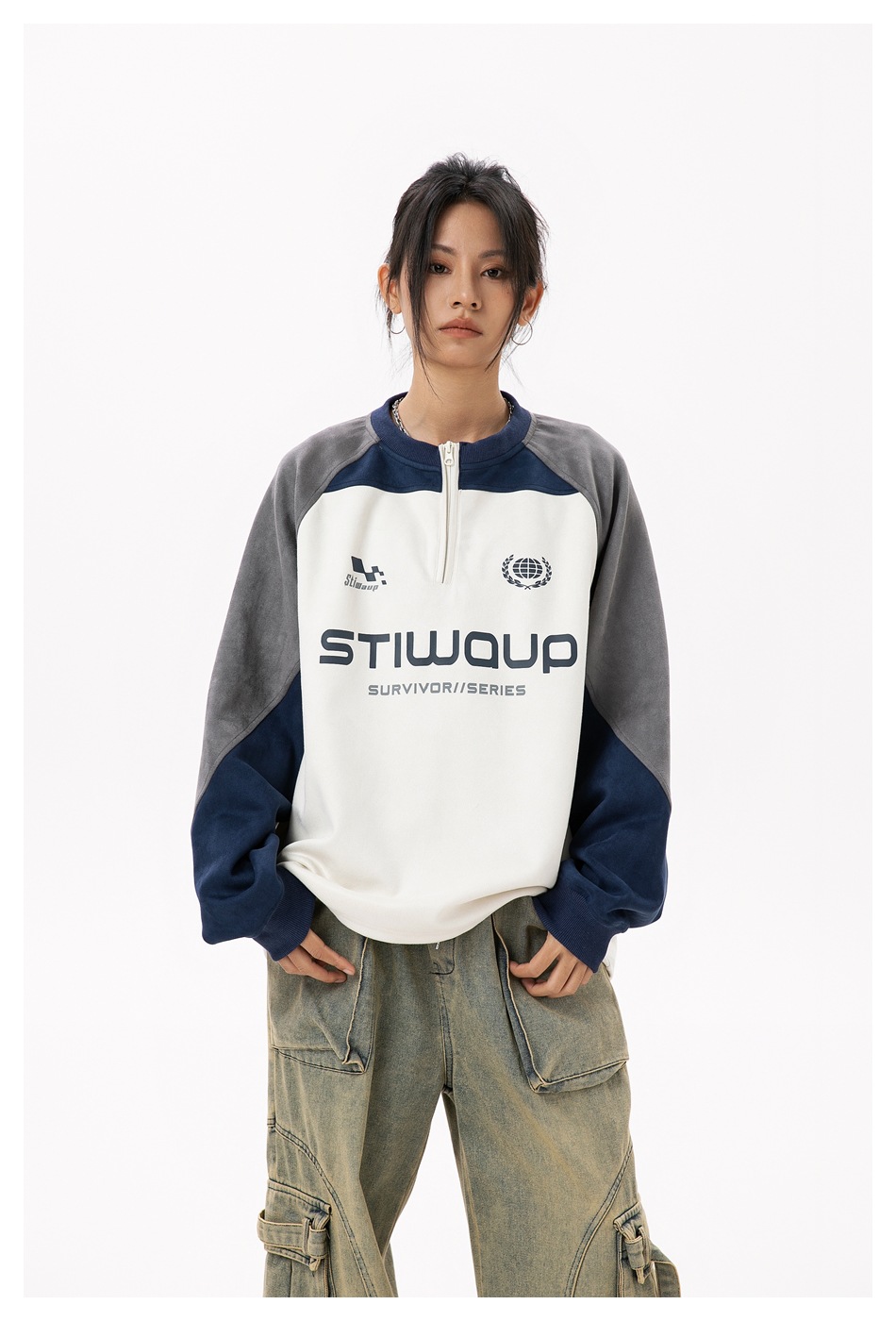 STIWAUP复古运动校园风套头宽松圆领卫衣男女麂皮绒拼色外套W639-阿里巴巴