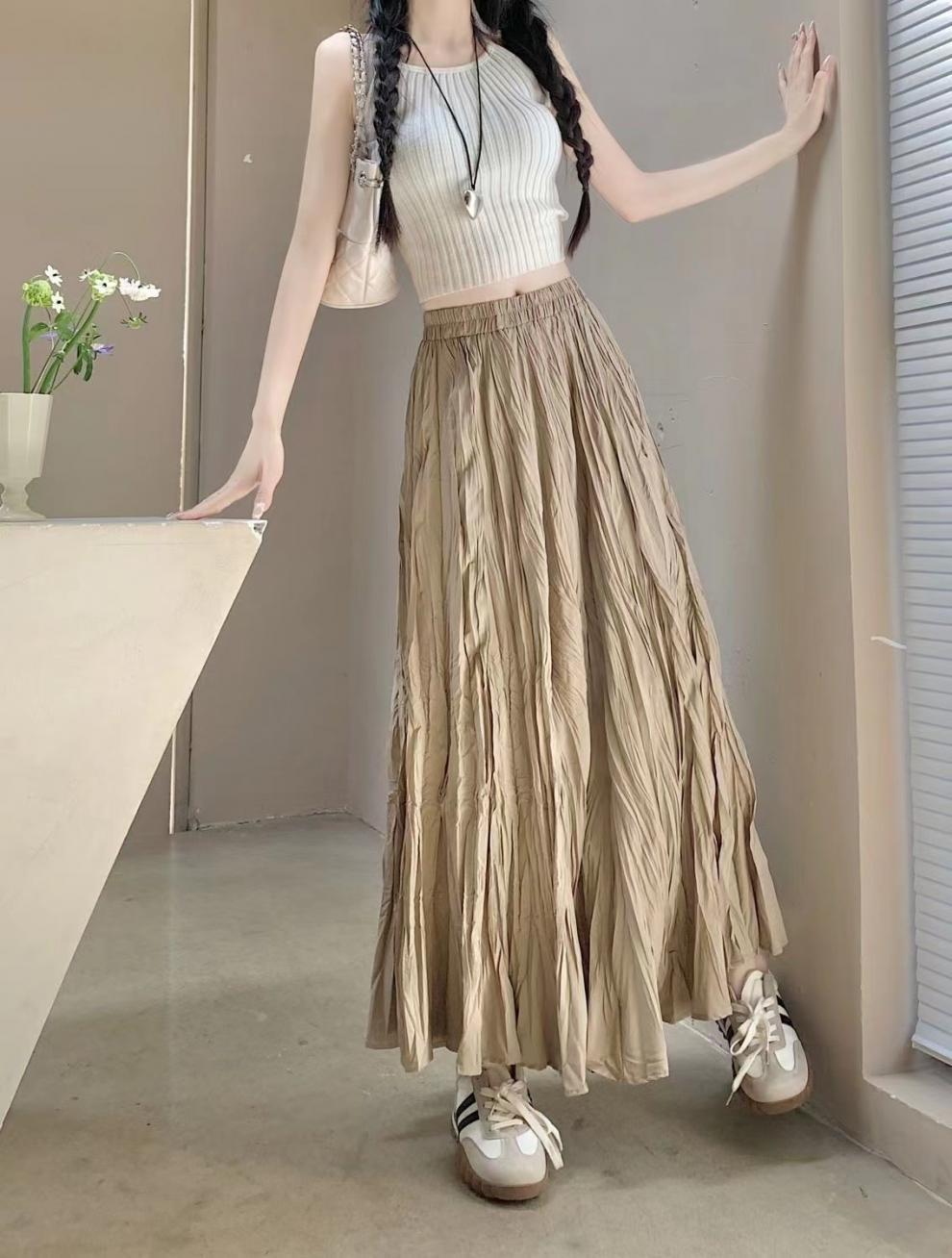 新款显瘦松紧腰皱皱半身裙伞裙温柔气质春夏韩版百搭长裙-阿里巴巴