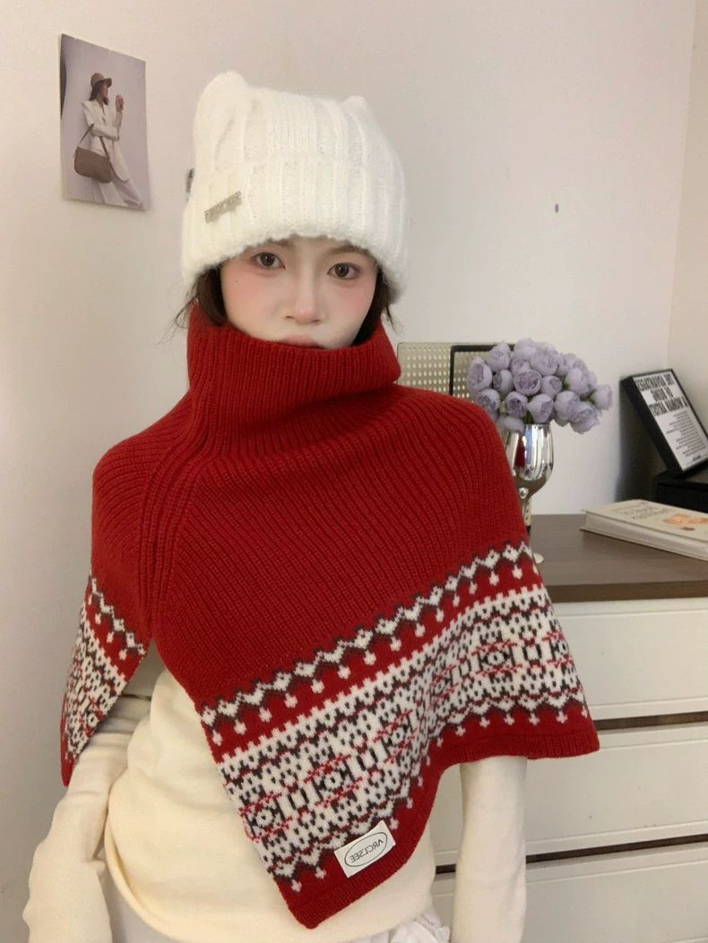 费尔岛高领针织披肩围巾女秋冬季北欧风外搭叠穿保暖护颈脖套围脖-阿里巴巴