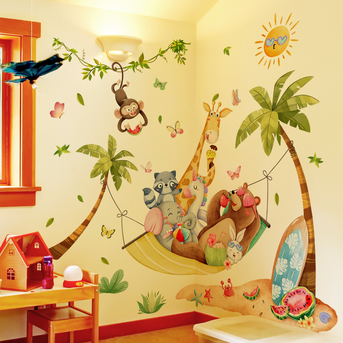 M13592卡通夏日系列吊床动物椰子树背景装饰墙贴儿童房自粘墙贴-阿里巴巴