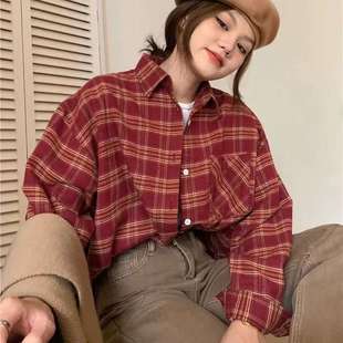 高街春秋新款酒红格子衬衫女韩版设计感时尚复古港味上衣长袖-阿里巴巴