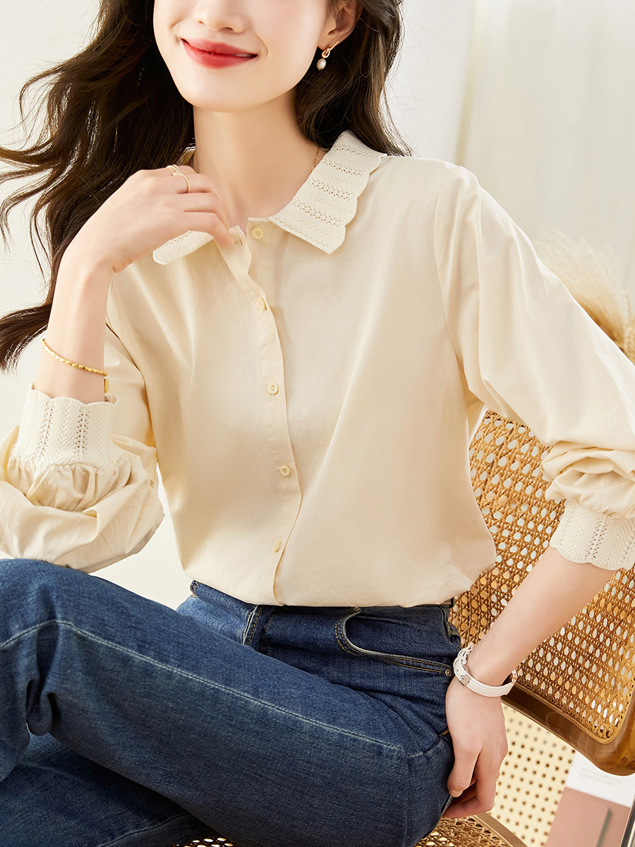 厂家直销法式杏色显肤白蕾丝花边领衬衫女长袖2024秋装纯棉衬衣-阿里巴巴