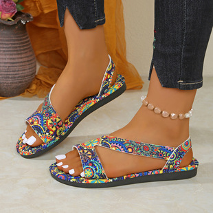 跨境大码民族风凉拖鞋女2024夏季新款平底印花套趾凉拖鞋-阿里巴巴
