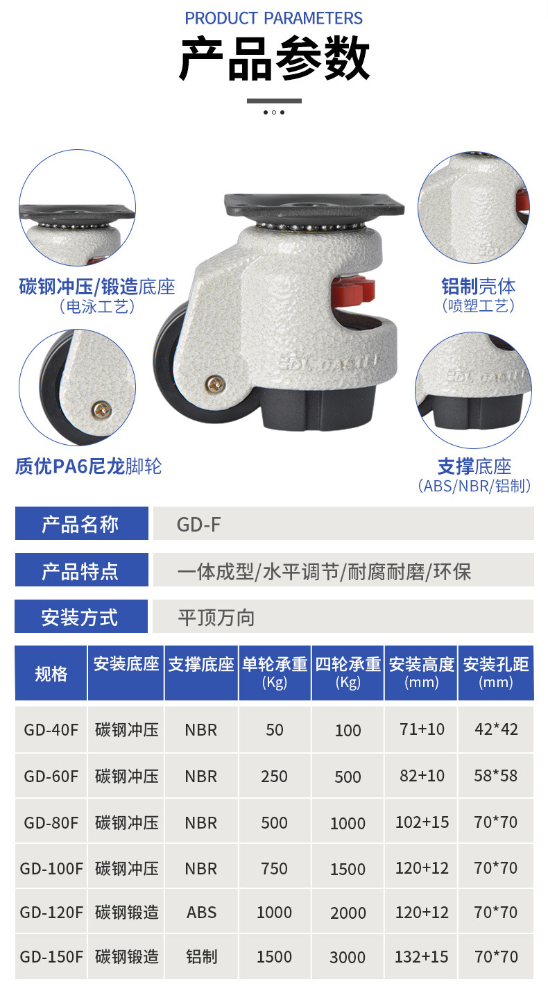 易得力韩式水平调节支撑万向脚轮福马轮GD-40F/60F/80F/100F/120F-阿里巴巴