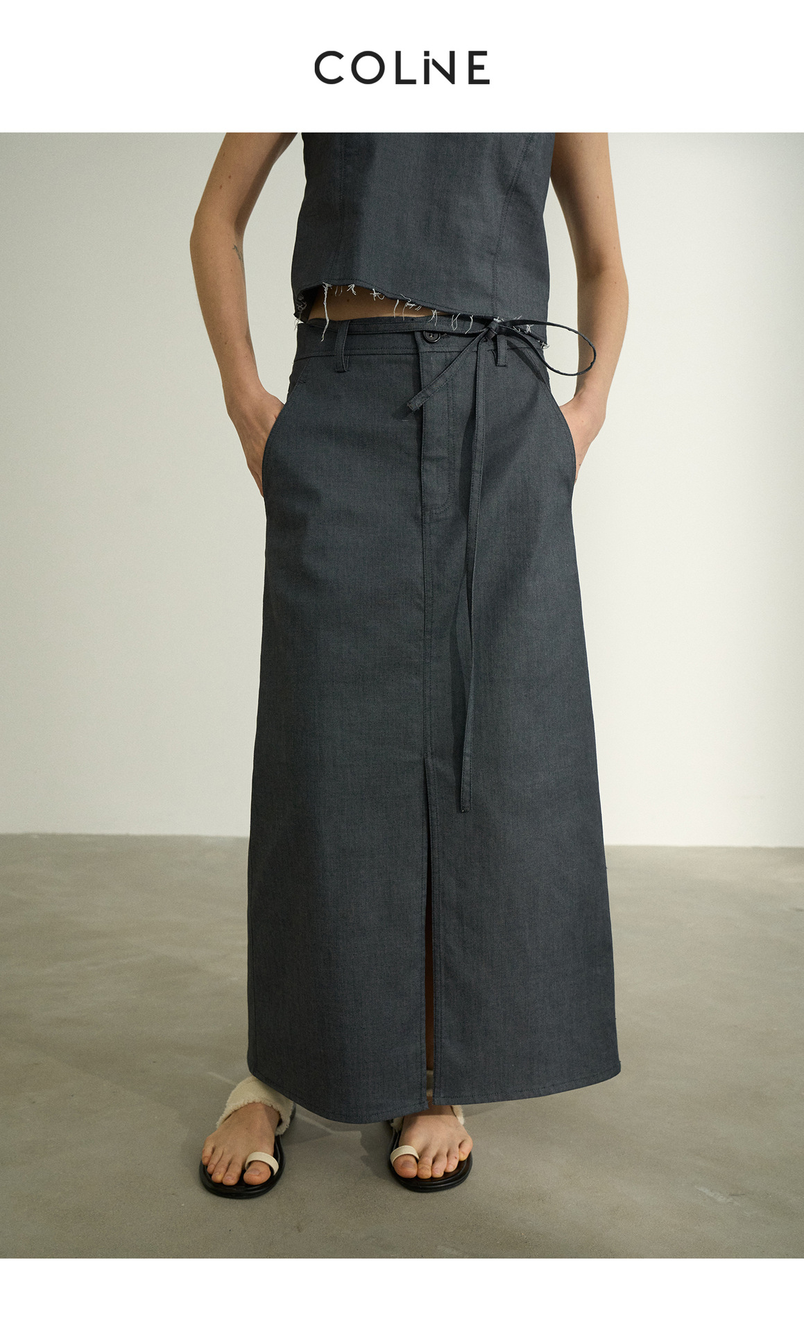 [共线]COLNE夏季新款设计感天丝棉仿牛仔前中开叉直筒半身裙C4165-阿里巴巴