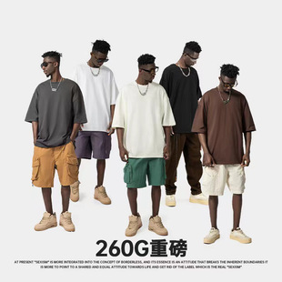 重磅纯棉短袖T恤男宽松落肩oversize美式复古260g男女同款ins百搭-阿里巴巴