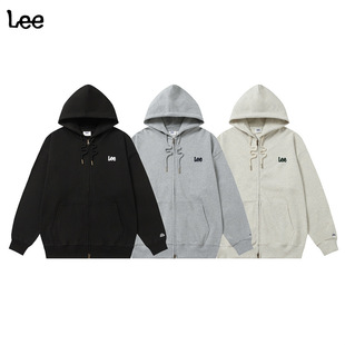Lee经典字母小标刺绣抽绳连帽卫衣不加绒韩系休闲双拉链情侣外套-阿里巴巴