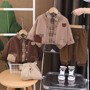 1-5岁韩版儿童格子衬衣春季新款男童针织毛衣开衫童装三件套批发-阿里巴巴