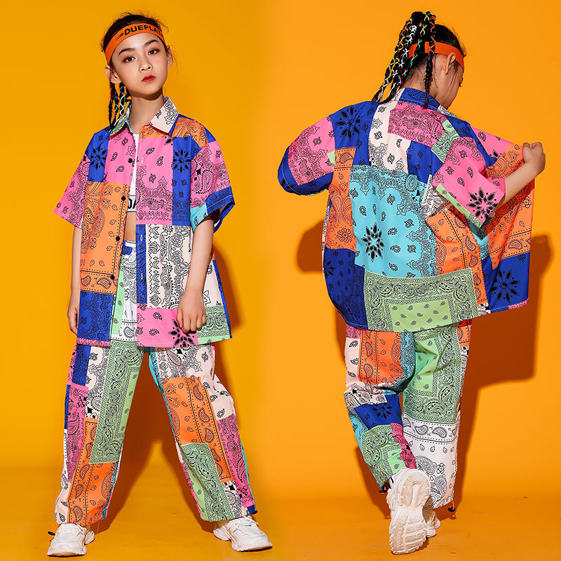 Children printed colorful hip hop street jazz dance suit boy girls ...