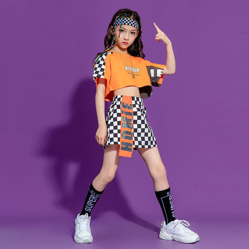 Girls boys orange white plaid jazz dance costumes for children rapper ...