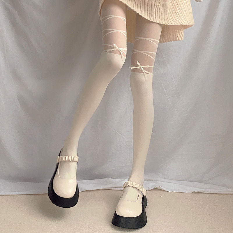 白色蝴蝶结交叉绑带丝袜女cos纯欲风拼接jk夏薄奶白连裤袜y2k-阿里巴巴