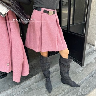 MADEINOST不退不换秋冬复古人字纹压折羊毛呢腰带a字短款半身裙-阿里巴巴