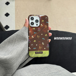 WOOWOOWOO小众秋冬复古棕色花朵双层锡纸纹适用苹果16手机壳iphon-阿里巴巴