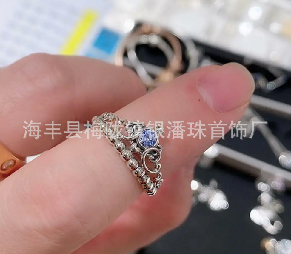 潘家多拉S925纯银星星月亮皇冠尾戒指女红公主心形镶钻指环饰品-阿里巴巴