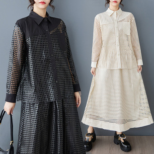 实拍春秋小众设计感时尚镂空网格皮衬衫宽松休闲百搭网格皮裙-阿里巴巴