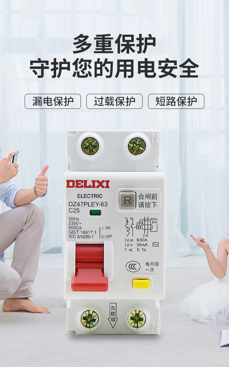 德力西漏电开关DZ47PLEY保护器 1P+N 16A32A40A占位2位63A断路器-阿里巴巴