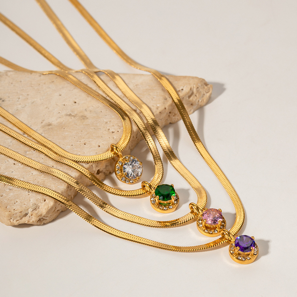 欧美INS风18k金不锈钢圆形锆石双层立体吊坠扁平蛇链吊坠项链女士-阿里巴巴