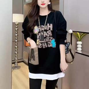 中长款假两件宽松卫衣女士秋季大码遮肚显瘦上衣胖mm2-300斤ins潮-阿里巴巴