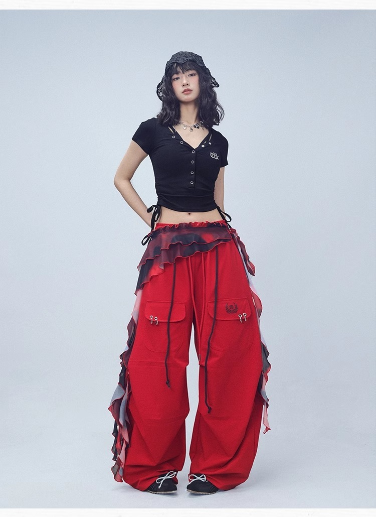 美式街舞红色速干透气大香蕉工装裤女春夏新款宽松嘻哈爵士舞裤子-阿里巴巴