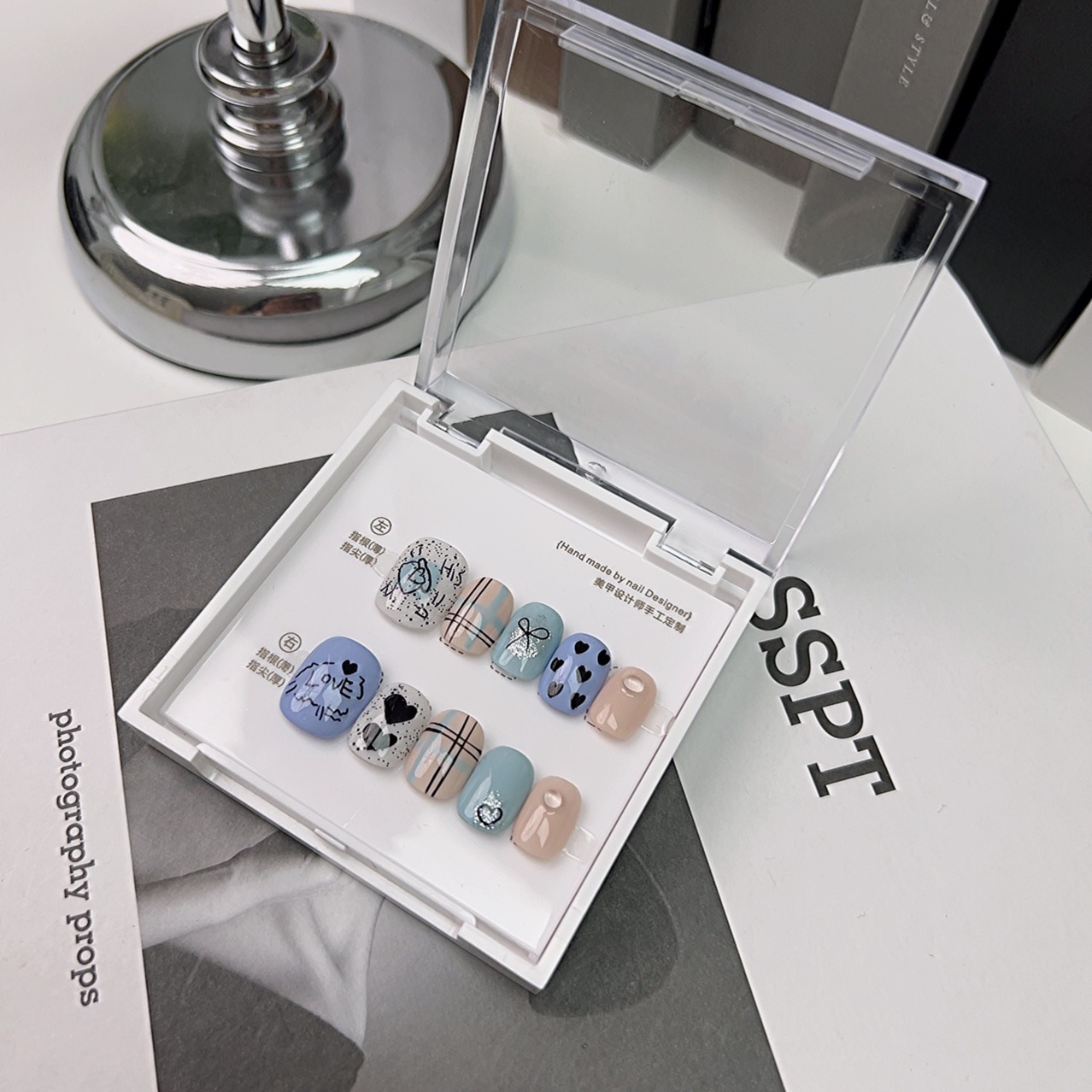 蓝色情书小众韩系loopy手绘字母爱心手工穿戴甲卡通蝴蝶结美甲-阿里巴巴