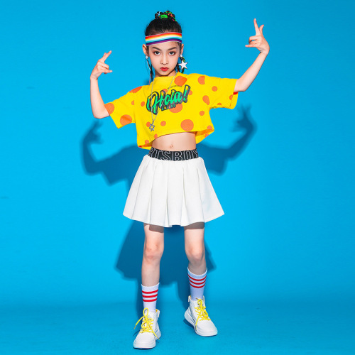 Children girls yellow polka dot hiphop rapper singer dance outfits hip ...