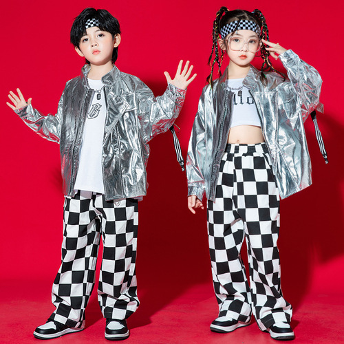 Children kids silver leather glitter jazz dance costumes rapper street ...