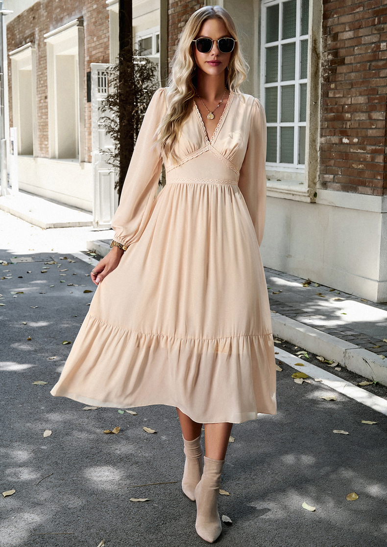 Elegant V-neck Long-sleeved Solid Color Midi Dress