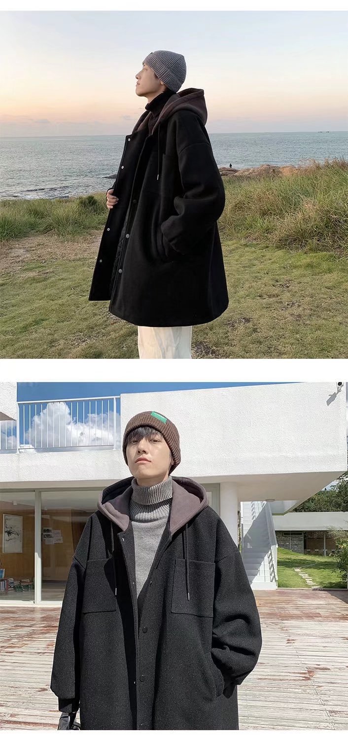 中长款毛呢大衣男秋装高级感连帽呢子风衣加厚潮牌情侣宽松外套-阿里巴巴