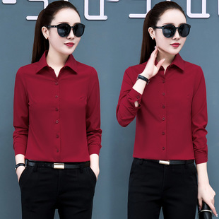 2025春秋新款职业红色衬衫女长袖韩版显瘦衬衣修身打底白色衬衫-阿里巴巴