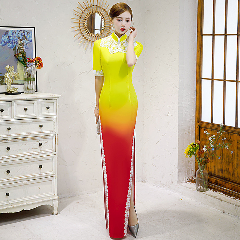 Blue yellow green gradient Chinese dresses for women retro oriental ...