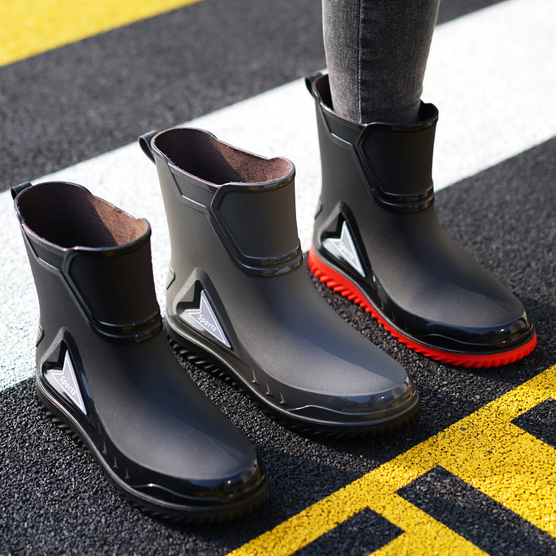 Trendy Short Barrel Shaped Rain Boots Black Night Reflective Strip ...