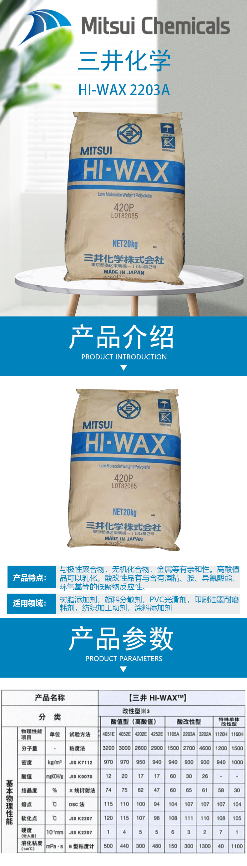 三井化学HI-WAX 2203A与极性聚合物，无机化合物，金属等有亲和性-阿里巴巴