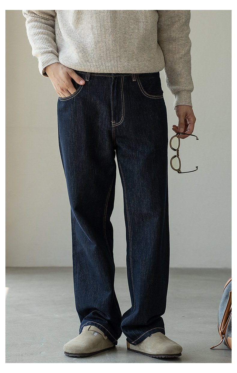 老钱风棉混纺cleanfit风原蓝牛仔直筒裤男2025秋冬新款慵懒休闲裤-阿里巴巴