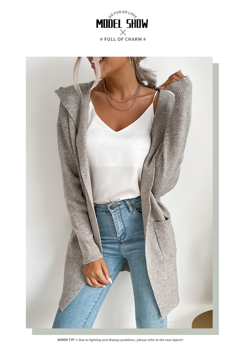 Women's Solid Color Hooded Knit Sweater Cardigan